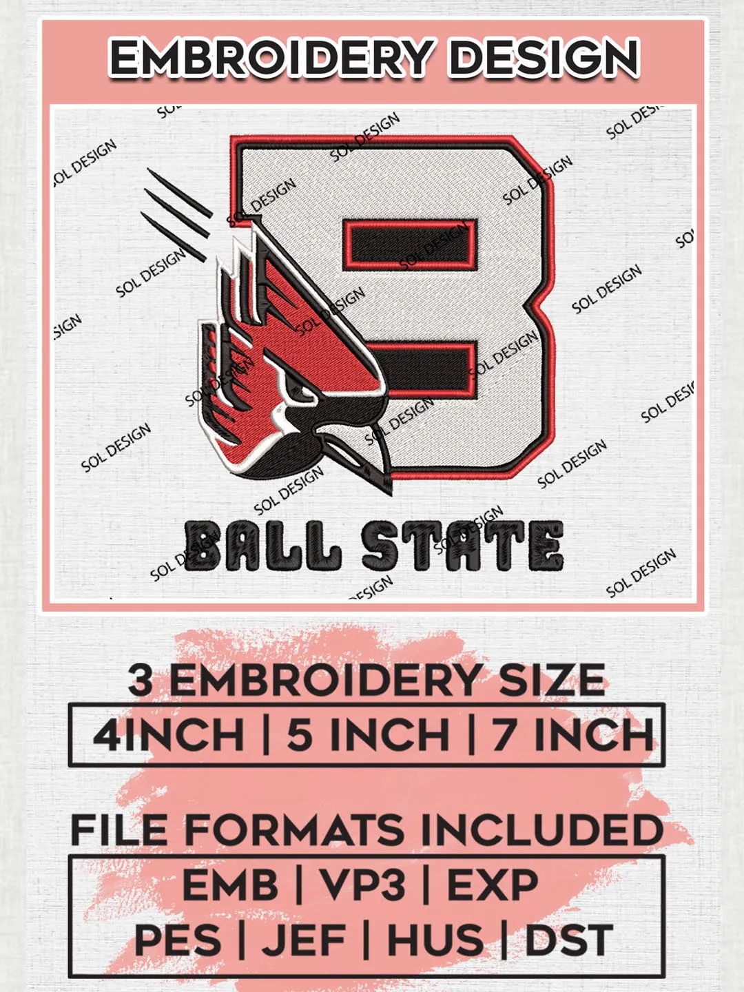 NCAA Ball State Cardinals Team Logo Machine Embroidery Design, NCAA ...