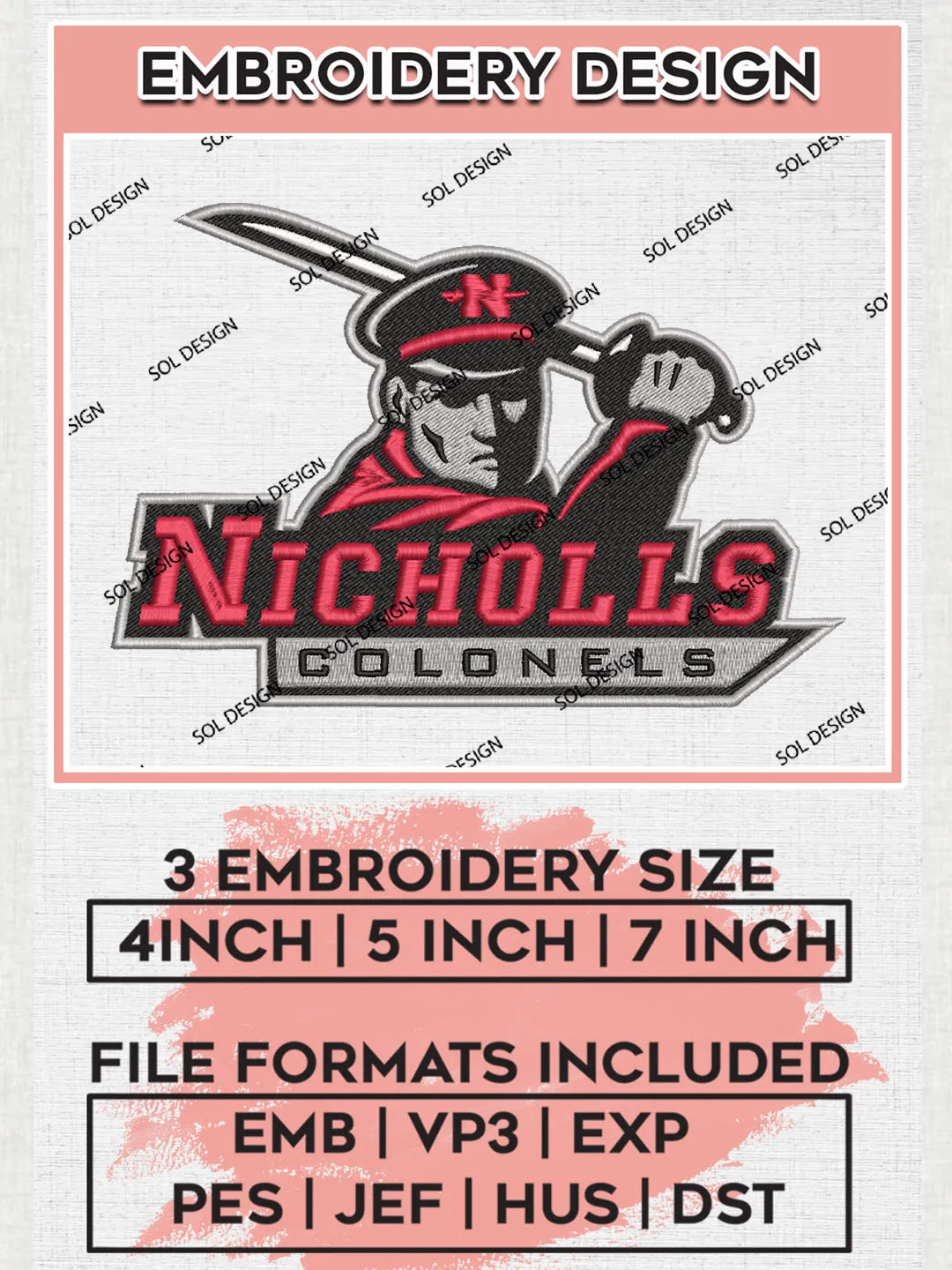 NCAA Nicholls Colonels Team Logo Embroidery Design Files, NCAA Nicholls ...