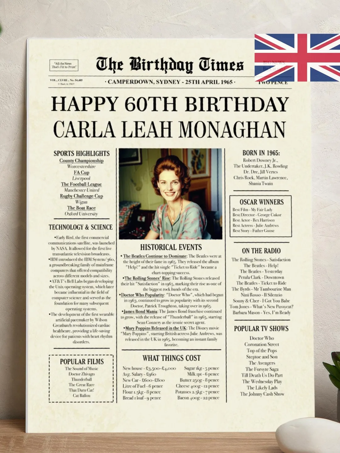 60th Birthday Gift for Men or Women, 1965 UK Newspaper Poster 60th ...