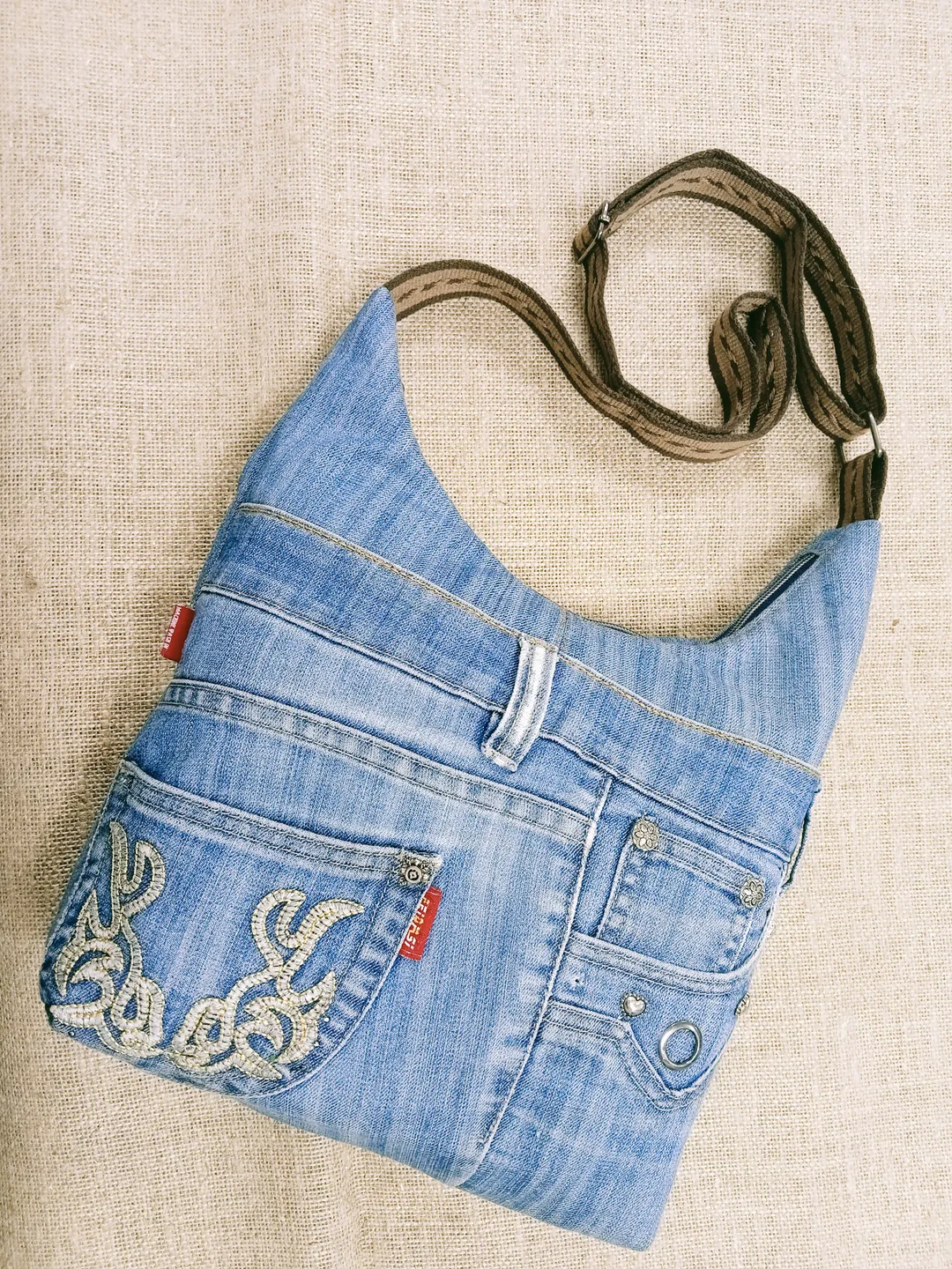 Unusual round denim purse with 4 pockets , small crossbody bag