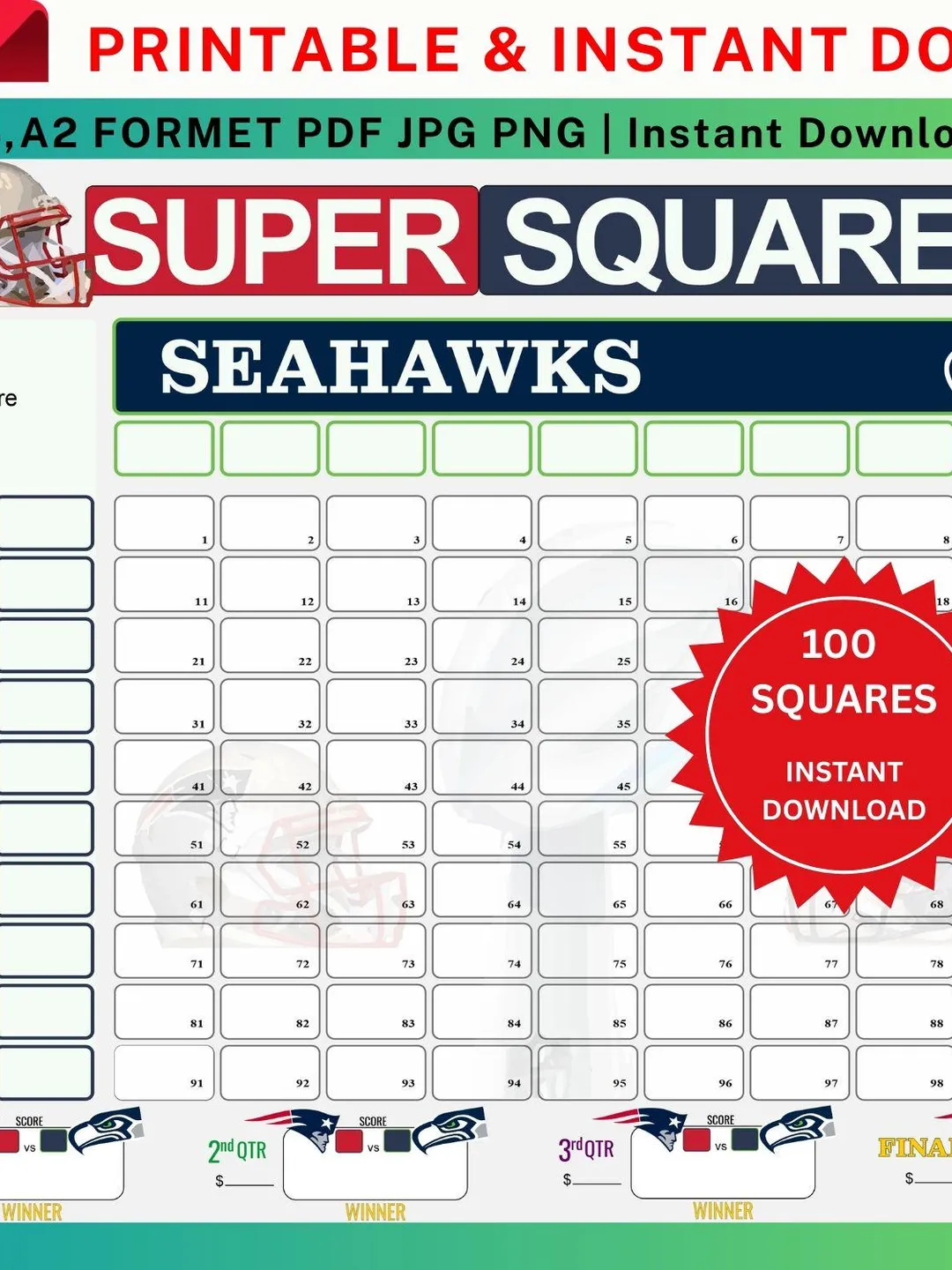 Super Bowl LX Squares Game | 2026 Printable 100 Grid (A4, A2 PDF & PNG)