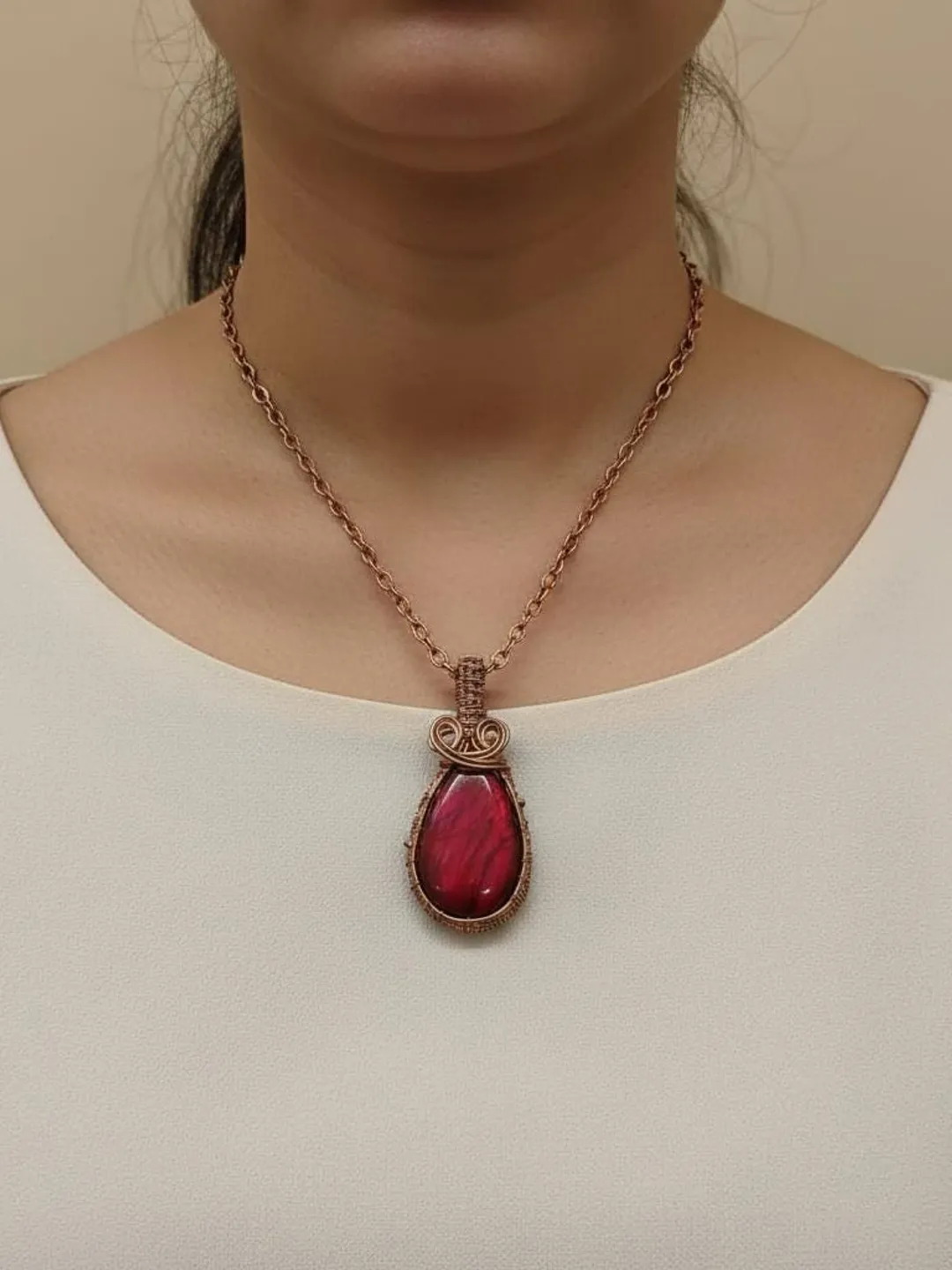 Pink Labradorite Copper Wire Wrapped Pendant Necklace, Iridescent ...