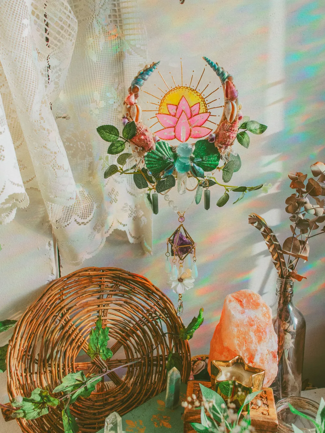 Mermaid Suncatcher “Lotus Sunrise“ made with shells, crystals and light ...