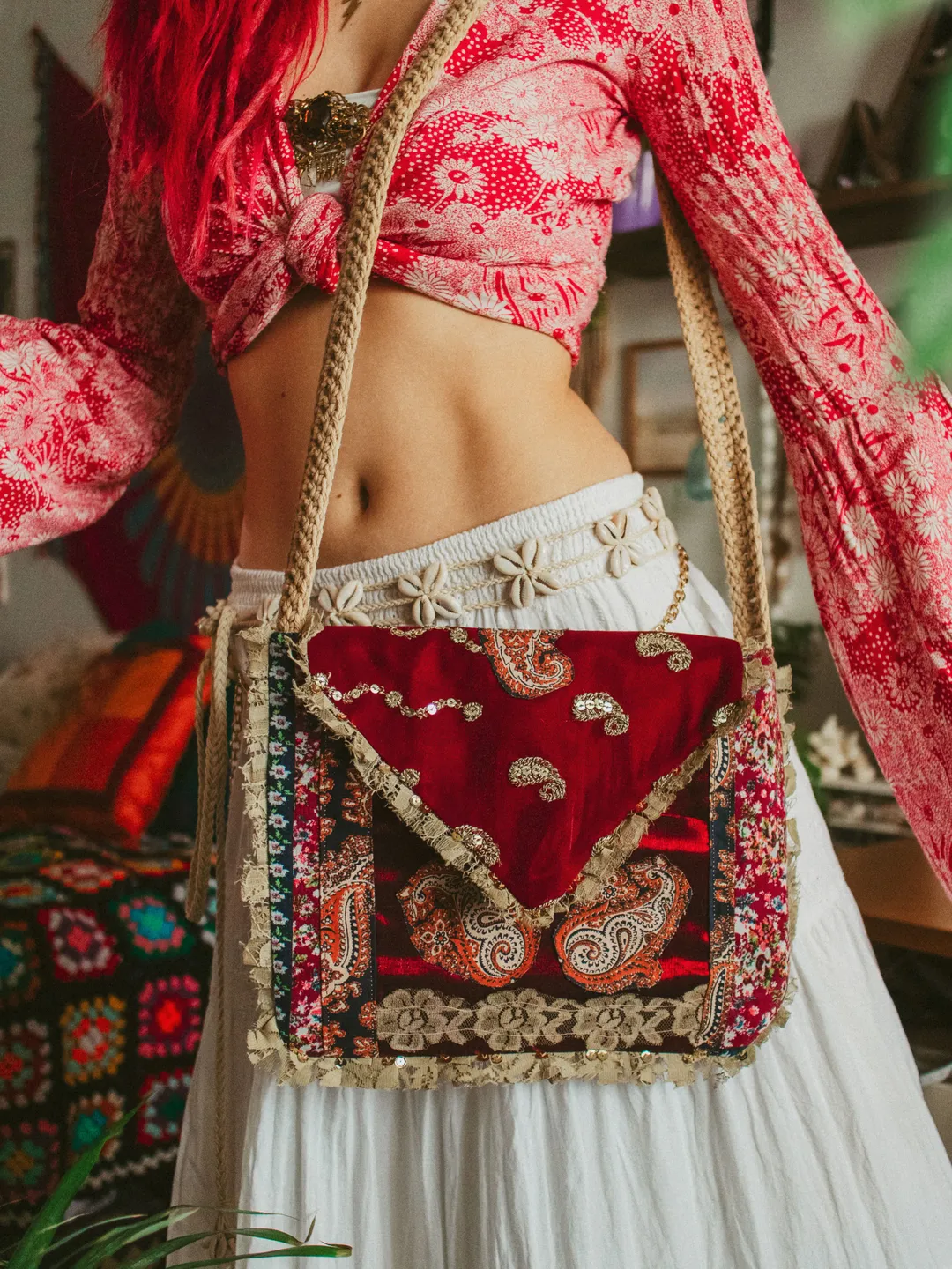 Red patchwork bag "Crimson Rhapsody". Bohemian 70s crossbody purse ...