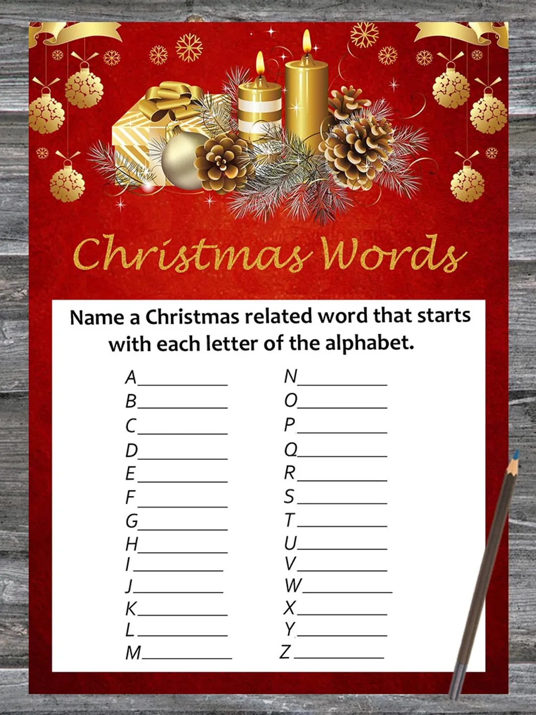 Christmas party games,Christmas Word A-Z Game Printable,Gold Christmas ...