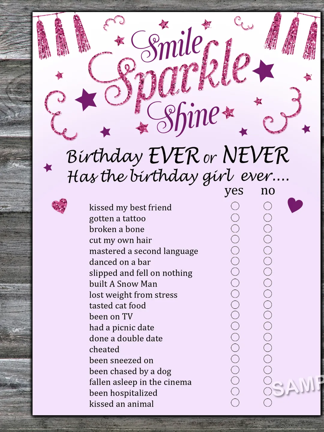 Pink glitter Birthday ever or never game,Adult Birthday party game-fun ...