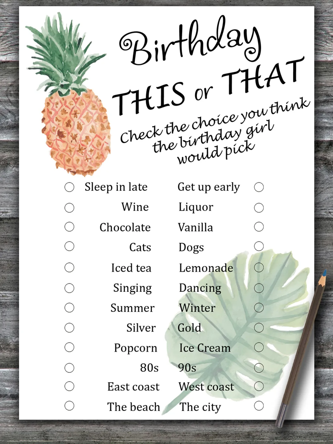 Pineapple This or that birthday game,Adult Birthday party game ...