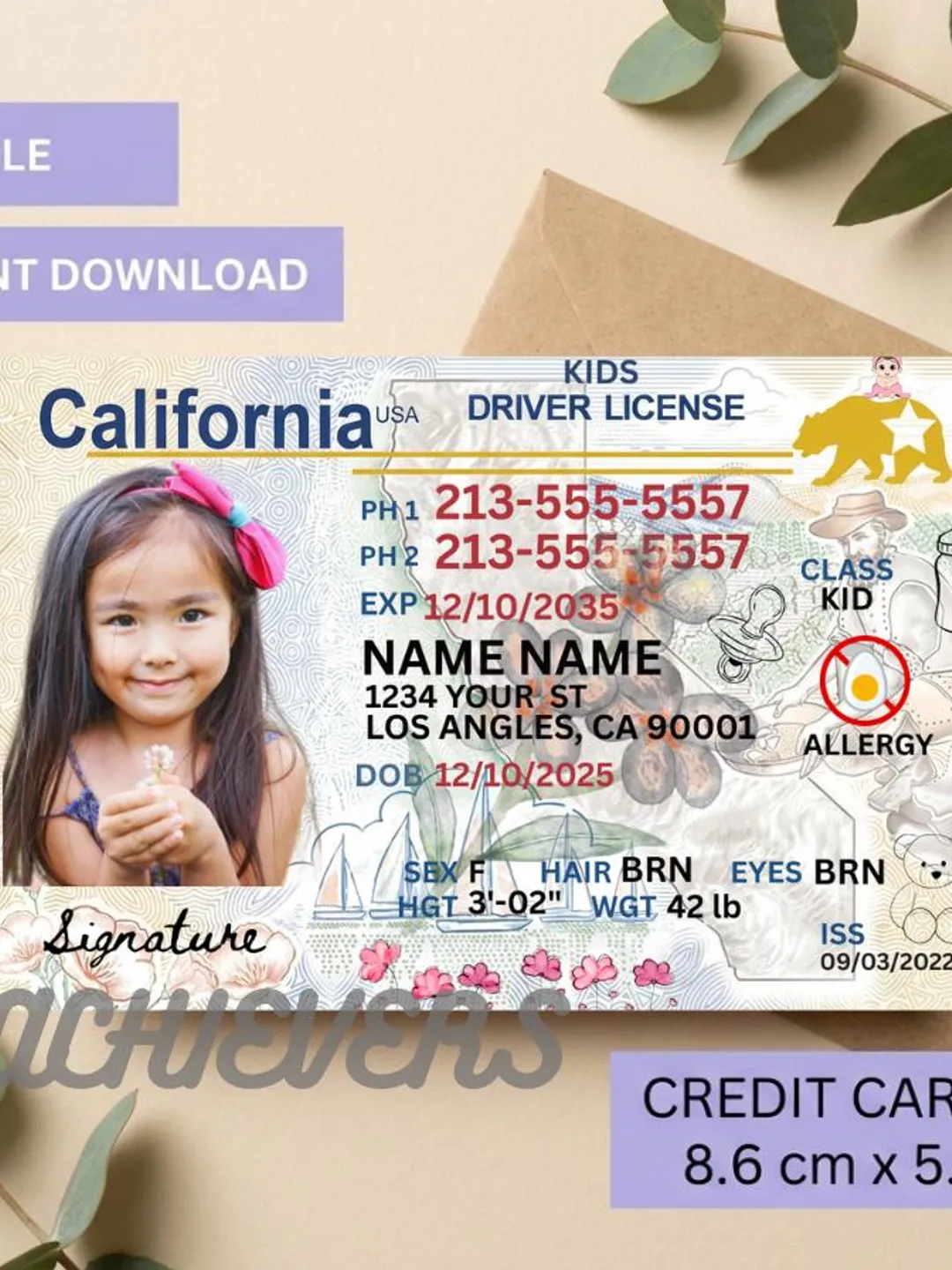 Pretend Play Usa kids Driver License, california Driving Licence ...