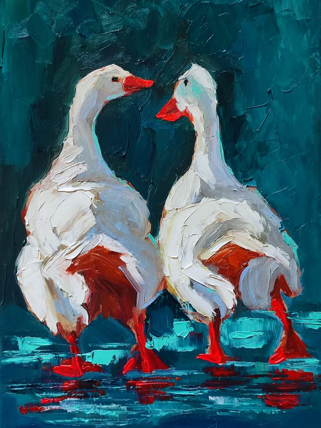 oil painting on cardboard Geese couple 15 x 21