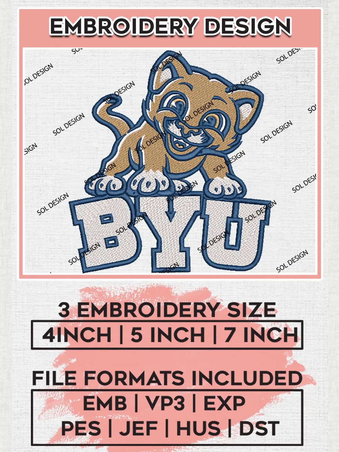 BYU College Team Mascot Logo Embroidery Design Files, NCAA BYU Cougars ...
