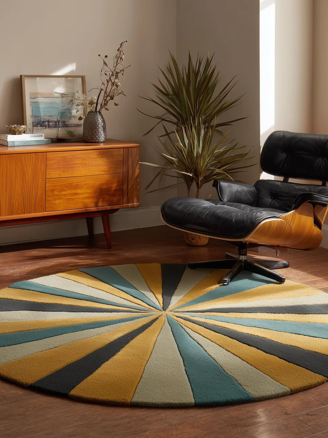 Contemporary Round Geometric Rug | Radiant Sunburst Design in Mustard ...