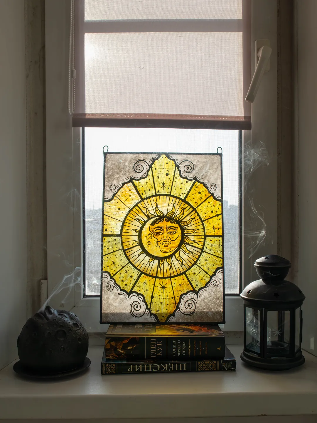 Stained glass bookends with moon and sun, Celestial home decor, Moon ...