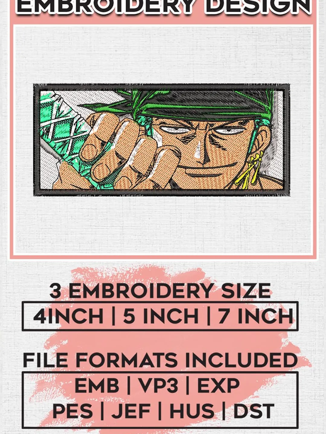 Zoro rectangle embroidery design, One Piece embroidery, embroidery file ...