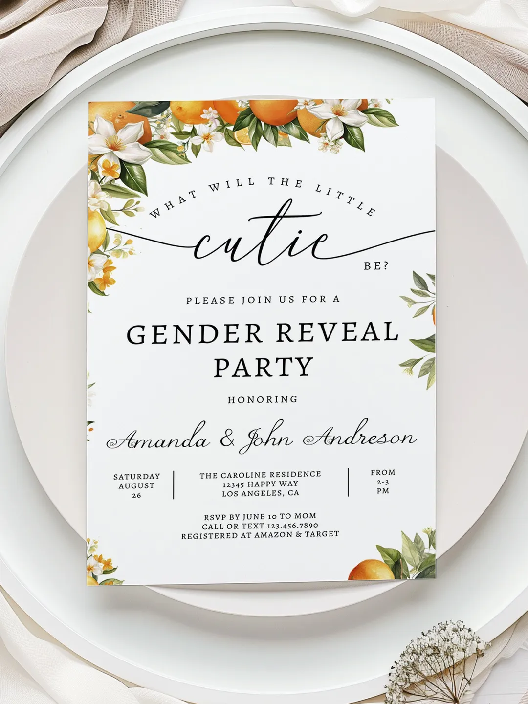 Editable Orange Gender Reveal Party Invitation A Little Cutie is on the ...