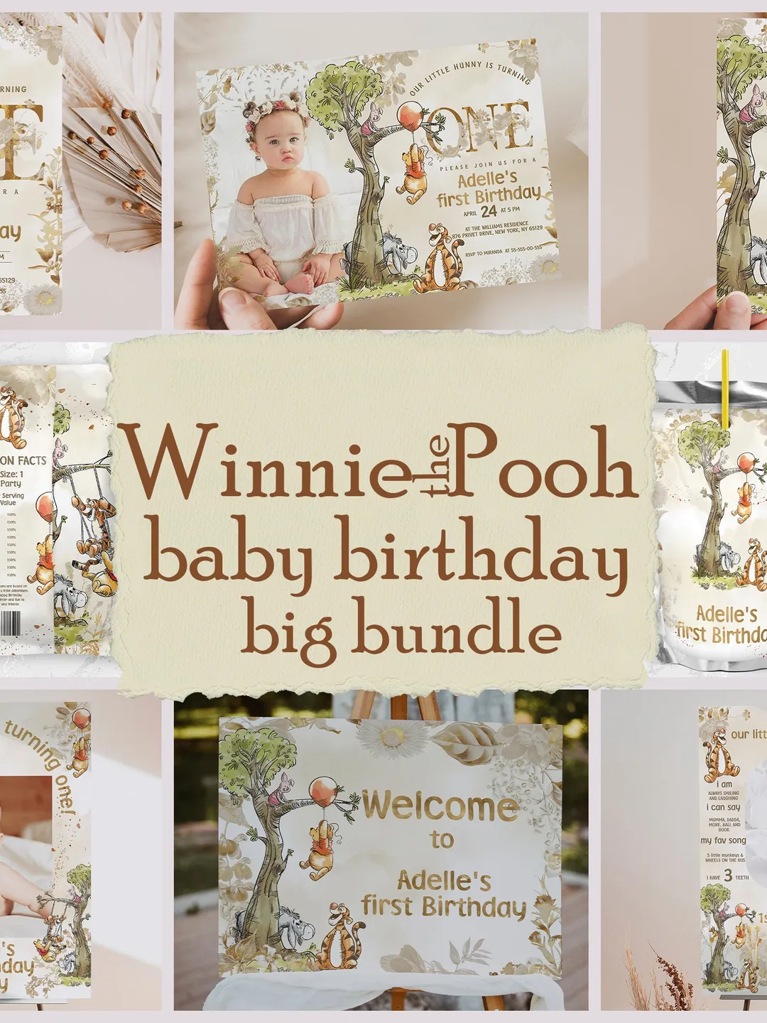 DIY Winnie Pooh Birthday Bundle; Editable 1st Birthday Party Template ...