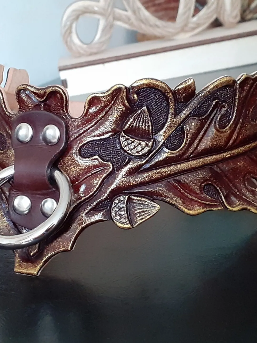 Beautiful oak leaves leather BDSM sub collar plus size