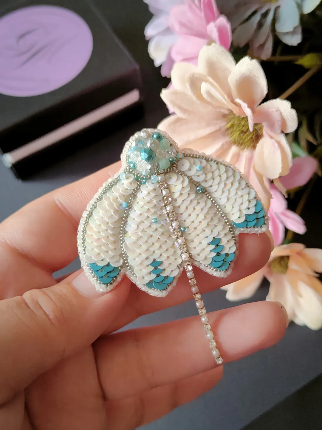 Brooch white flower hand embroidered with sequins, Blue flower bud ...