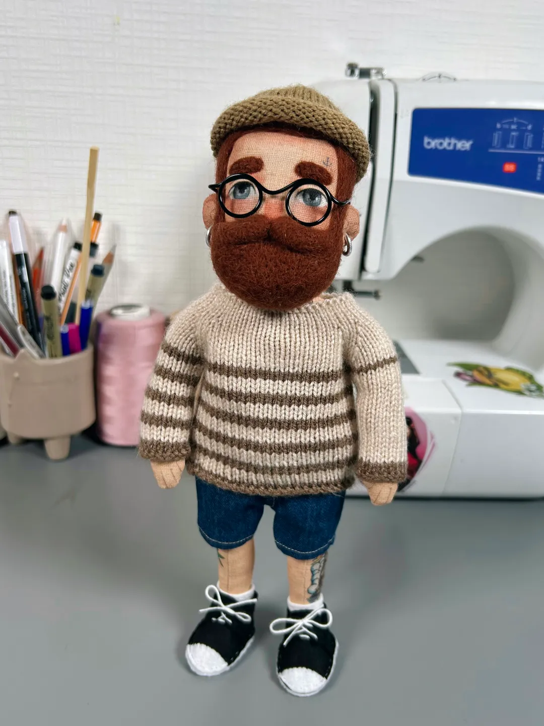 Textile doll cool bearded man with brown beard