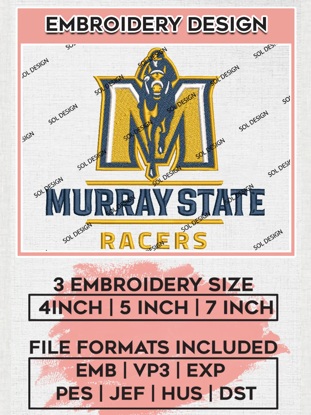 NCAA Murray State Racers Team Logo Embroidery Design Files, NCAA Murray ...