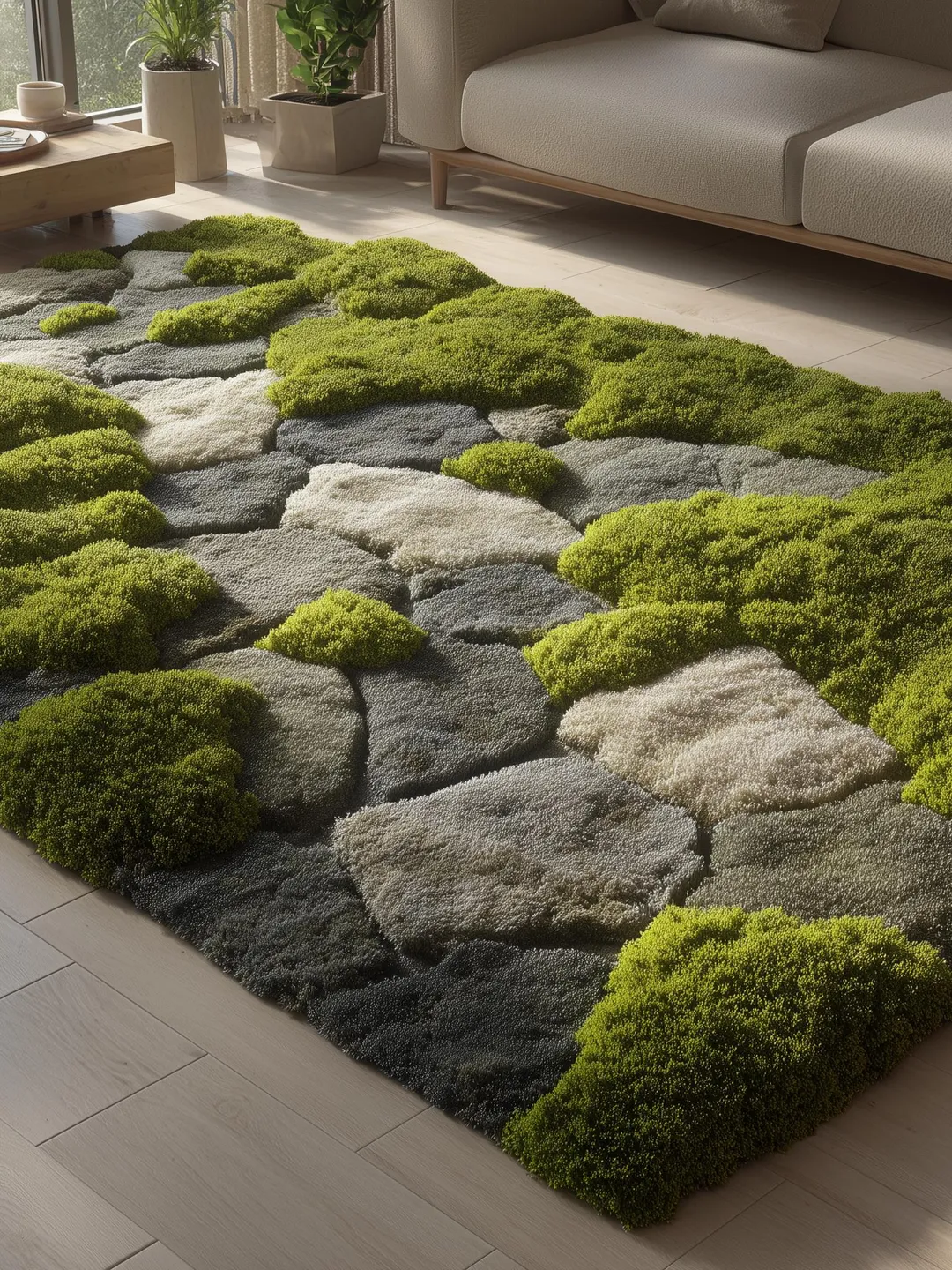 Hand Tufted Moss Rug, Sculpted Organic Stone Path Luxury Green Area ...
