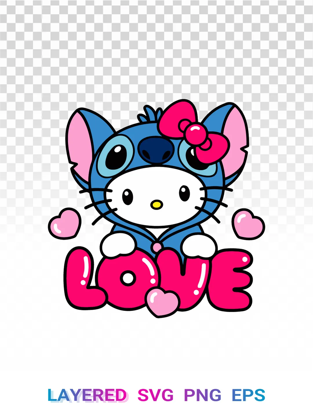 Stitch Peeking over LOVE Text SVG - Hello Kitty Crossover Design