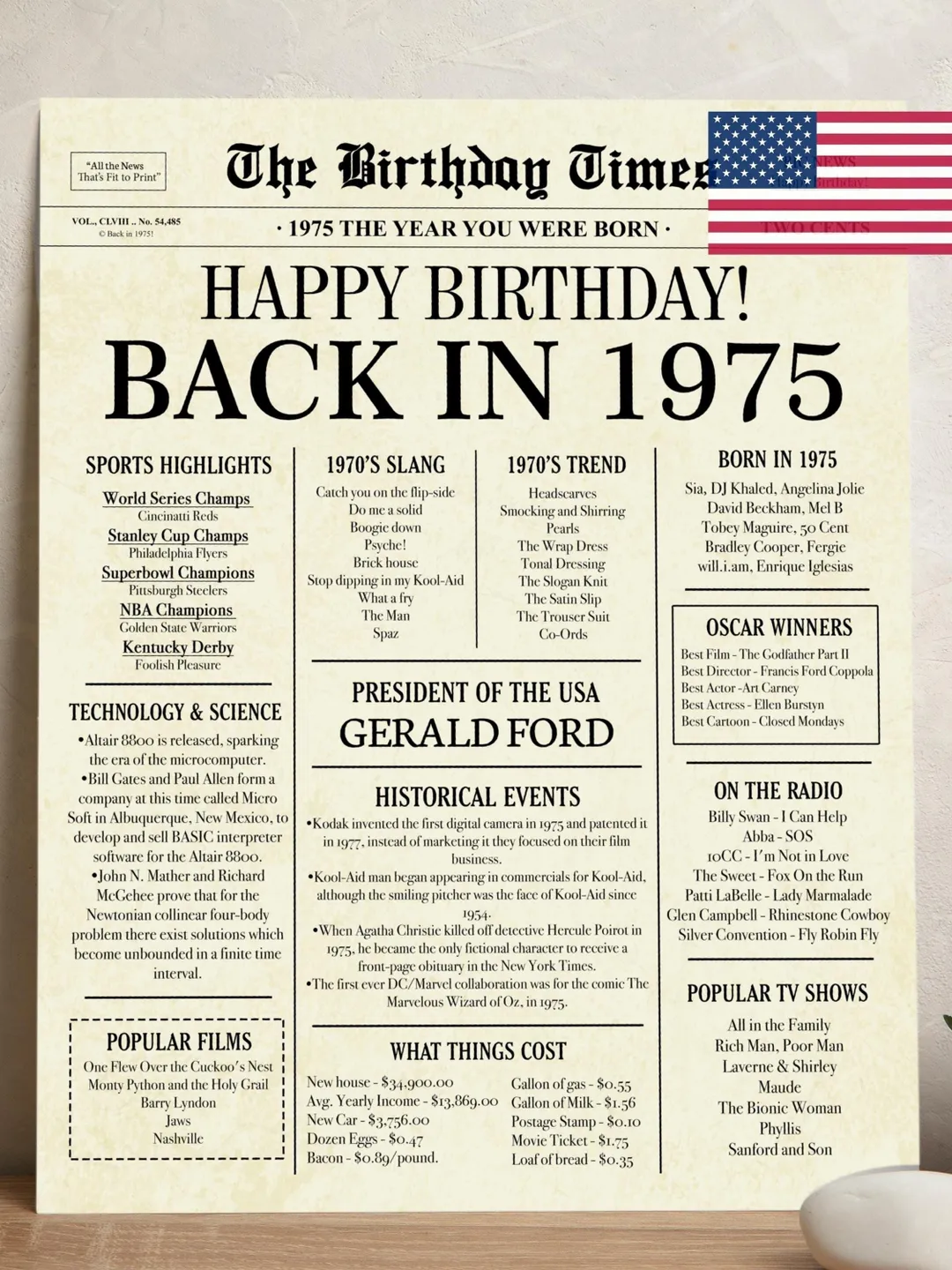 50th Birthday Newspaper Poster, Born in 1975, Back in 1975 USA Sign, 50 ...