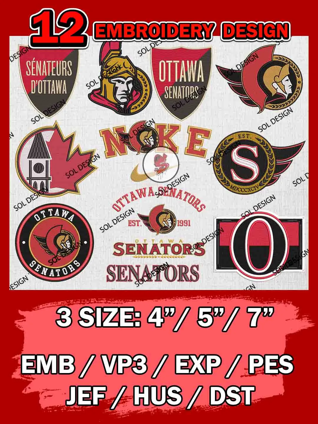 Ottawa Senators NHL Hockey Team Logo Embroidery Design, NHL Ottawa ...