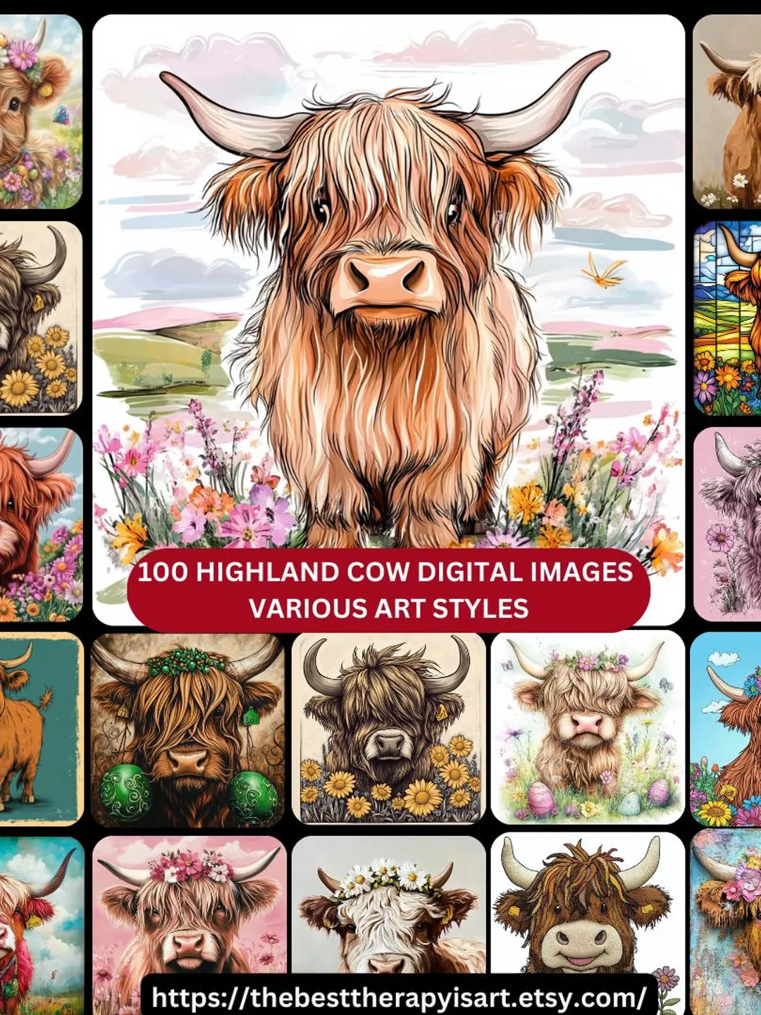 100 Highland Cow Digital Images, Various Art Styles, Large Square ...
