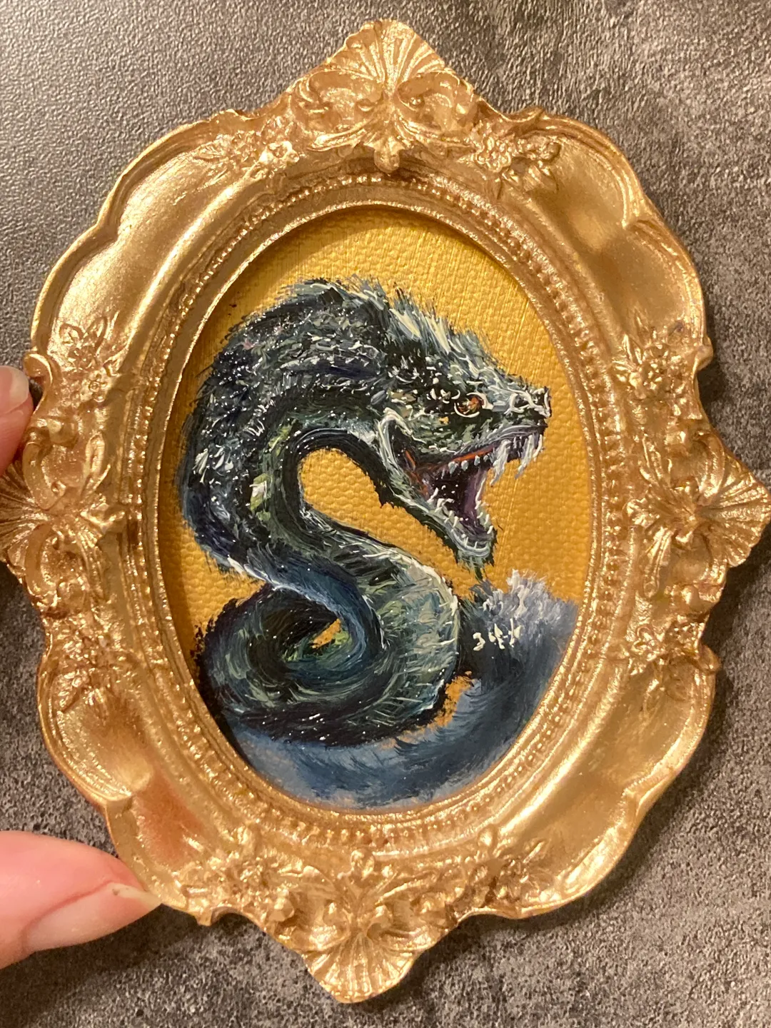 Basilisk Painting Small Original Oval Framed Art Witch Gifts Mini Gold ...