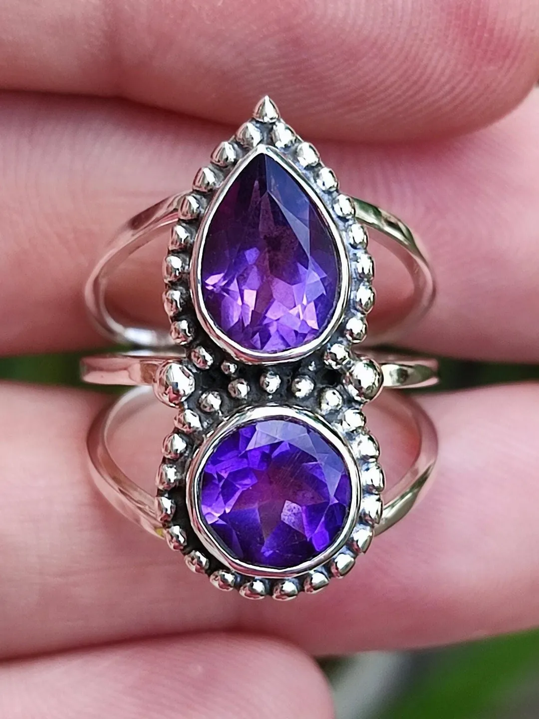 Amethyst Ring, 925 Sterling Silver Handmade Purple Dual Gemstone Jewelry