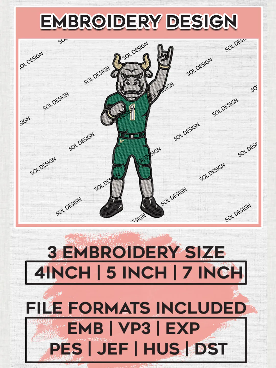 NCAA South Florida Bulls Embroidery File, 3 Sizes, 6 Formats, NCAA ...