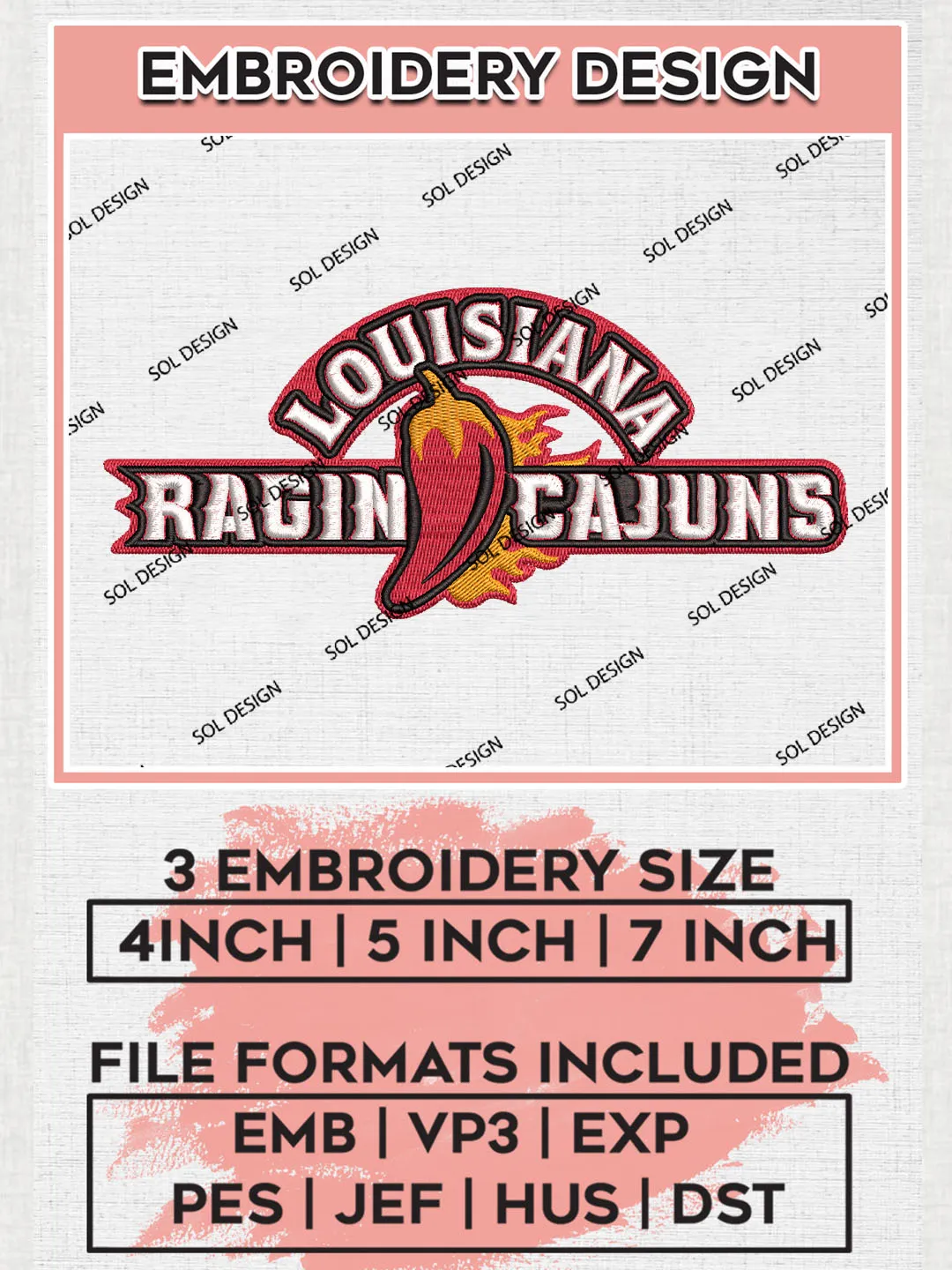 Louisiana Ragin Cajuns Team Logo Embroidery Design Files, NCAA ...