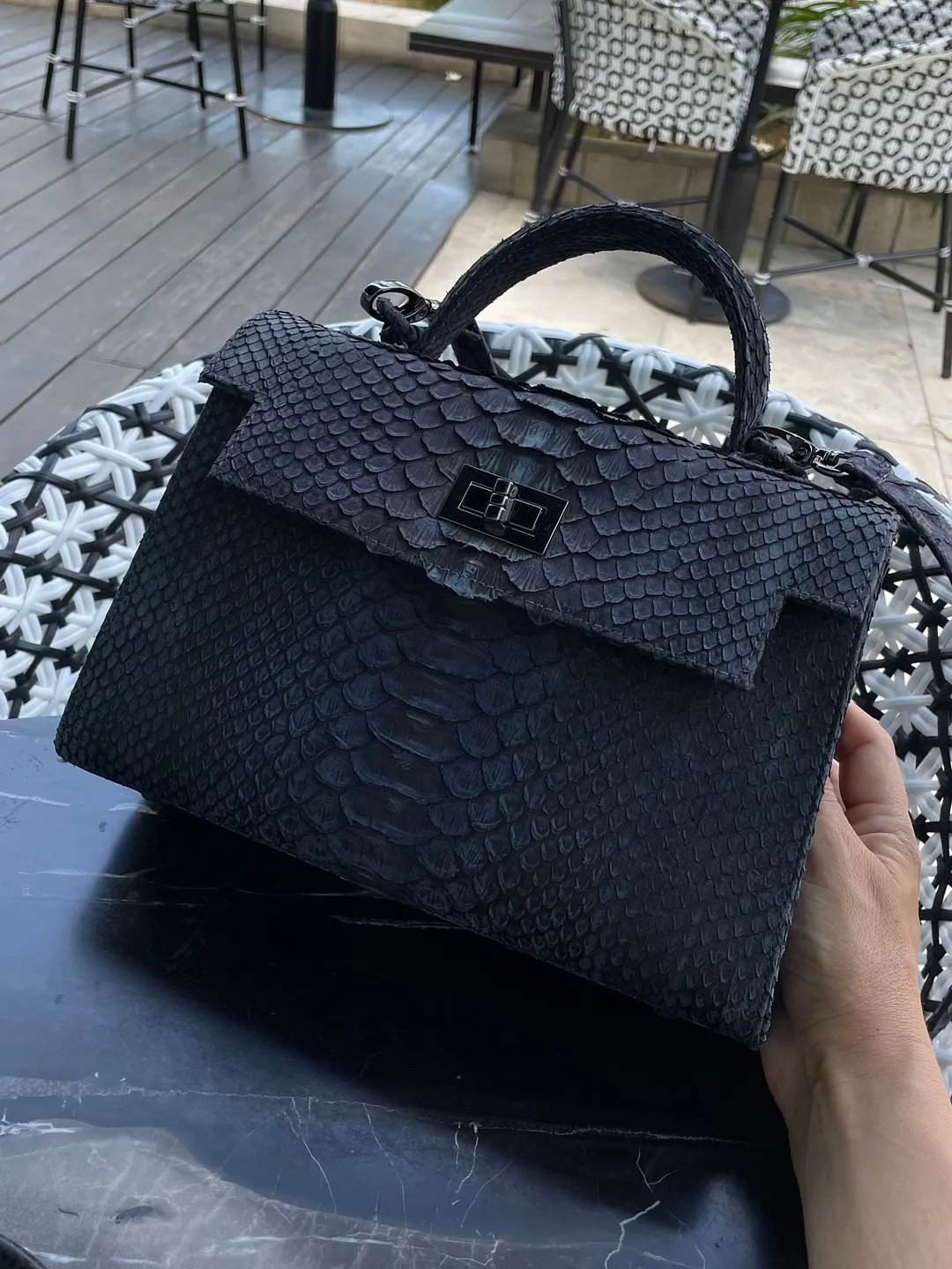 Top handle dark grey classy genuine python skin bag | exotic leather ...