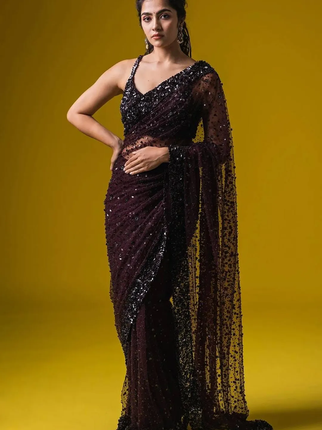Designer Maroon Net Saree with Hologram Sequins & Thread Embroidery ...