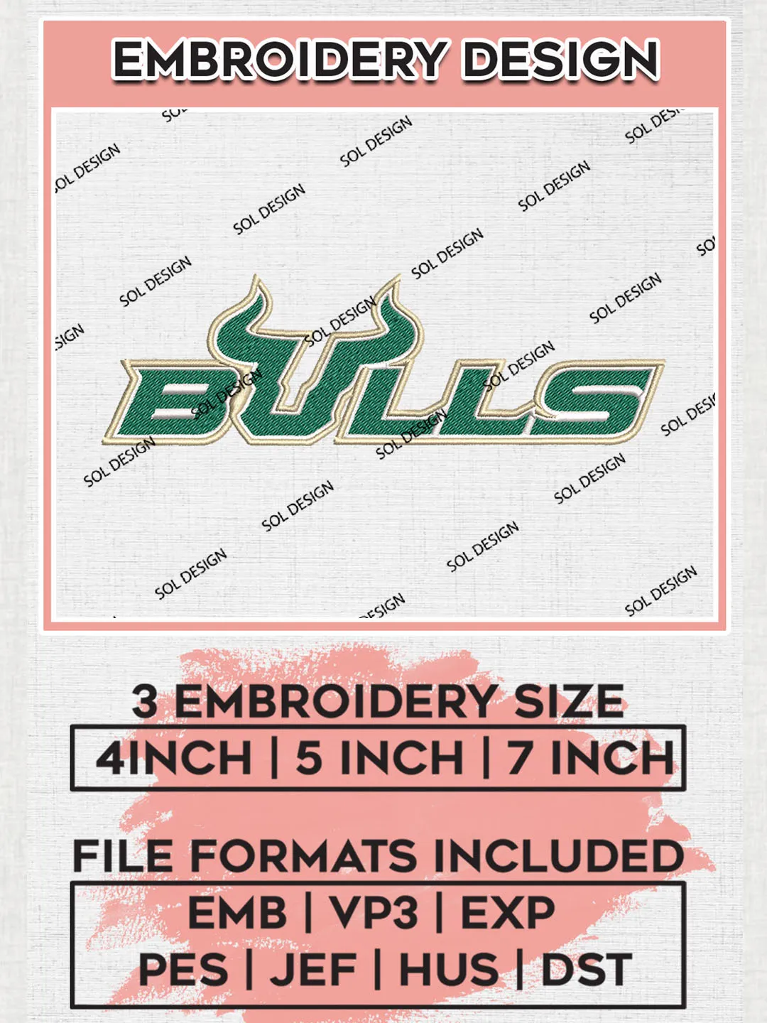 NCAA South Florida Bulls Embroidery File, 3 Sizes, 6 Formats, NCAA ...
