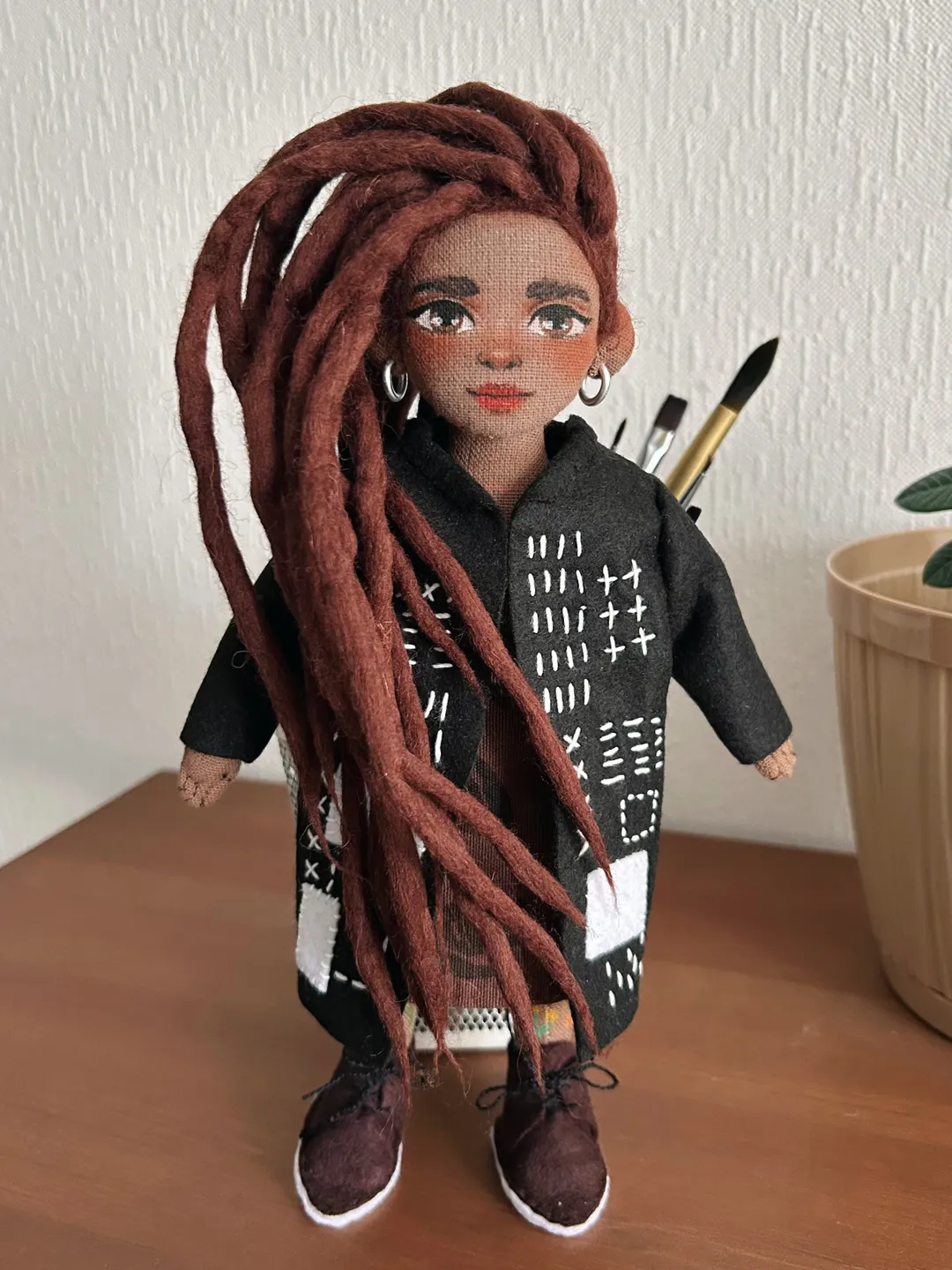 Textile doll lady with brown dreadlocks