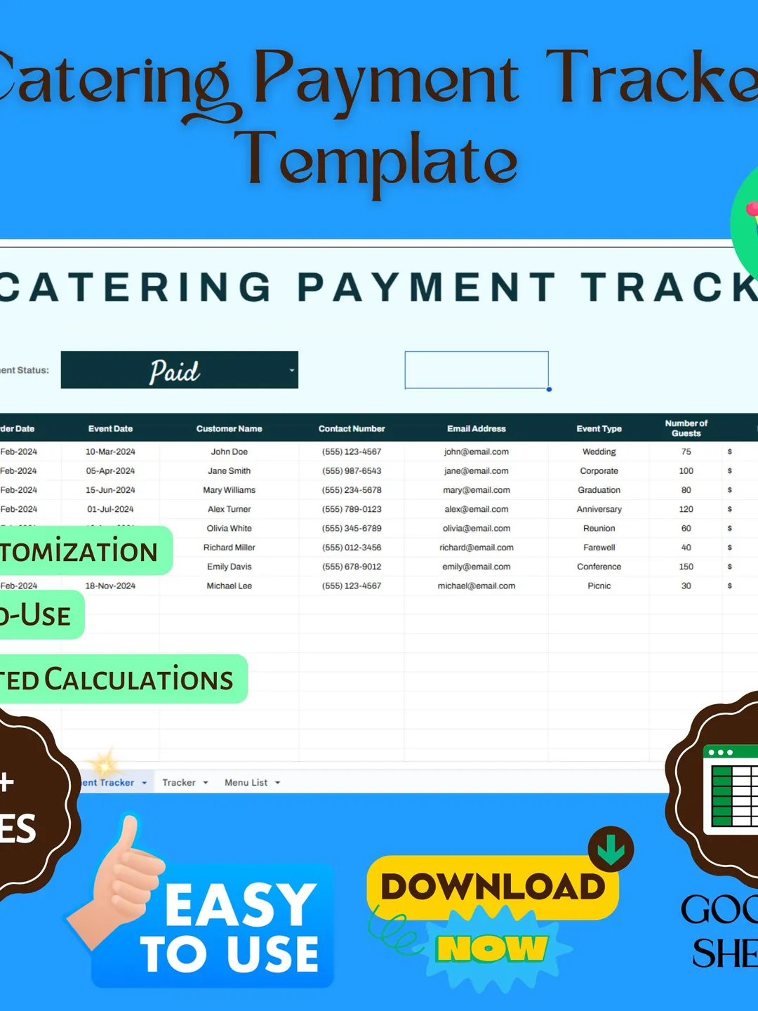 Catering Payment Tracker Template, Google Sheets, Event Payment Log ...