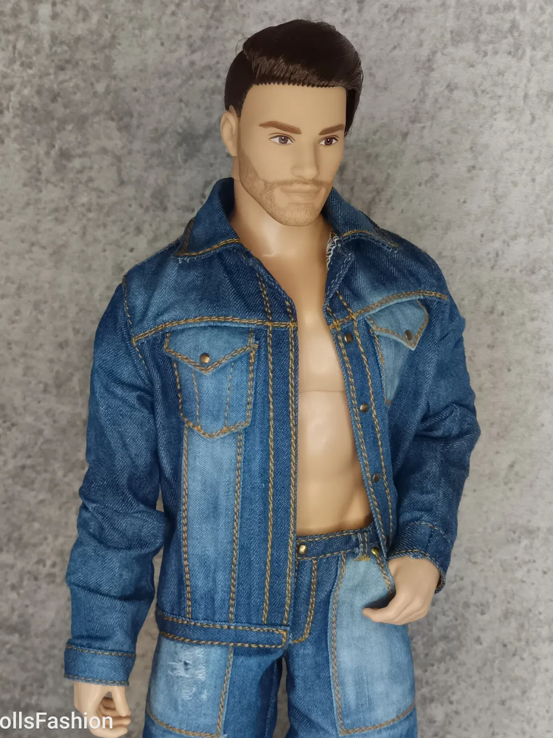 Ken's Distressed Denim Jacket and Cargo Jeans with Large Patch Pockets ...