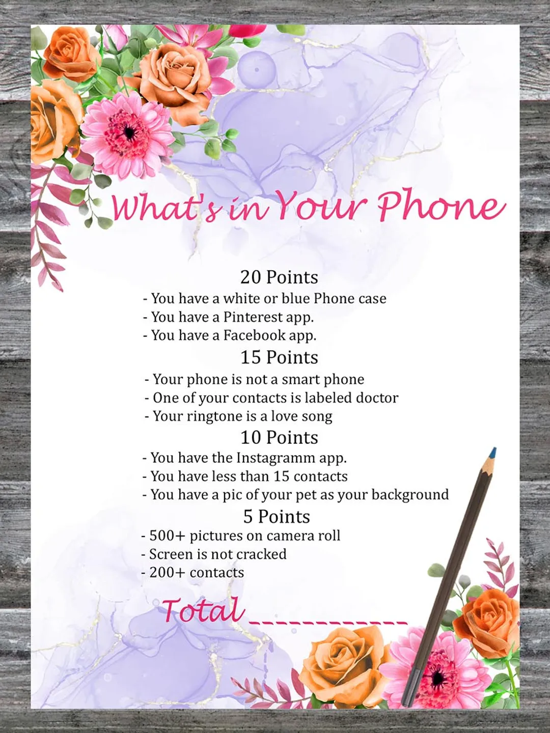 Red Rose Birthday Game What's in Your Phone Birthday Party Game,Adult ...