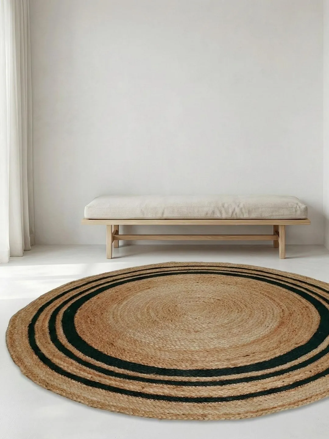 Round Jute Braided Rug with Black Rings | Handmade Natural Eco-Friendly ...