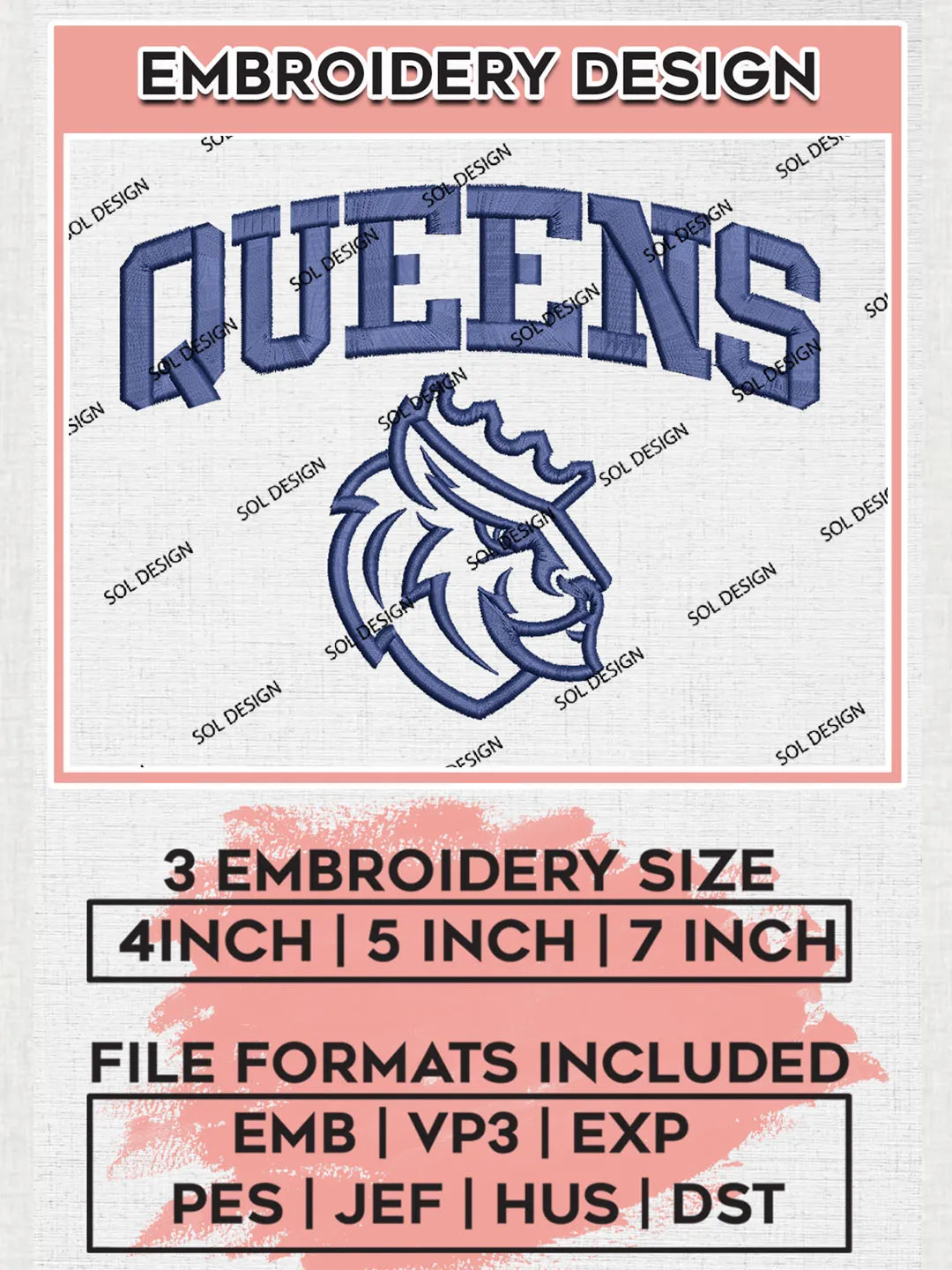 Queens University Royals Logo Machine Embroidery Design, NCAA Queens ...