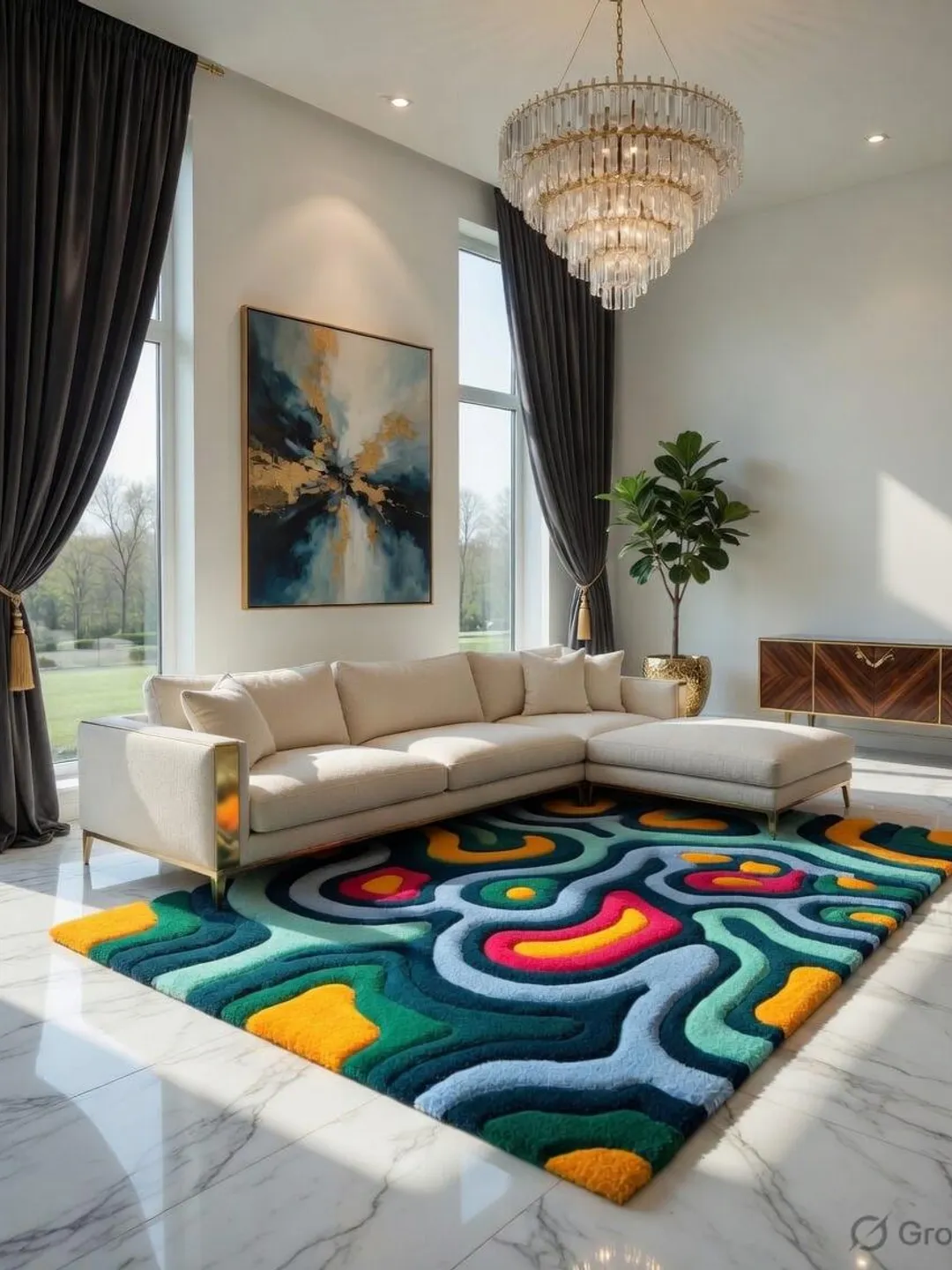 Hand Tufted Abstract Wool Rug, Organic Swirls, Mid-Century Modern Carpet