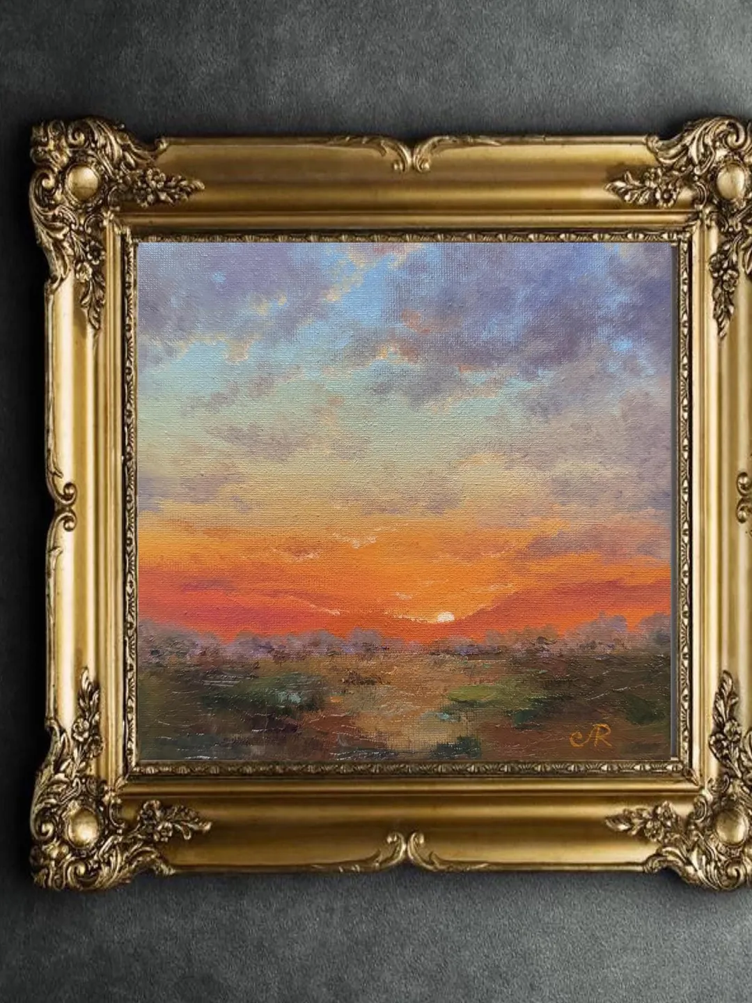 Oil painting Landscape Sunset on a chamomile field