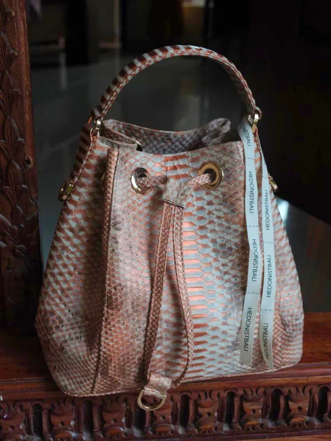 Genuine python skin peachy gold bucket crosshandle bag designer women ...