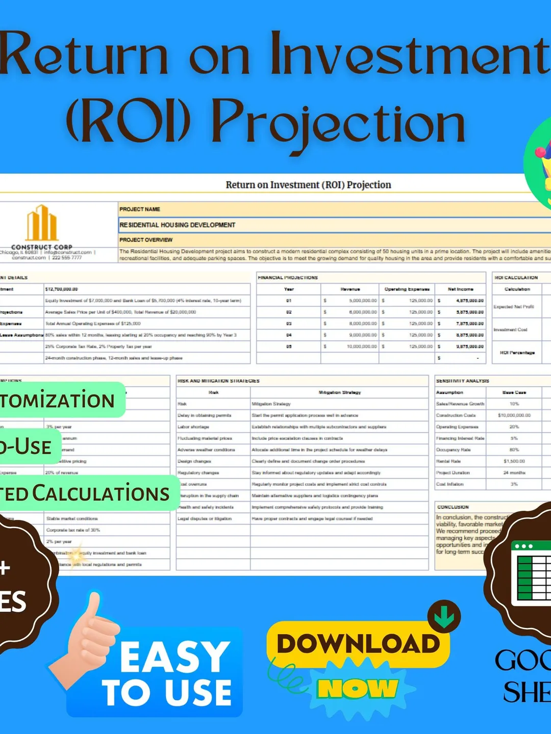Return on Investment (ROI) Projection Template [QC Approved], Editable ...