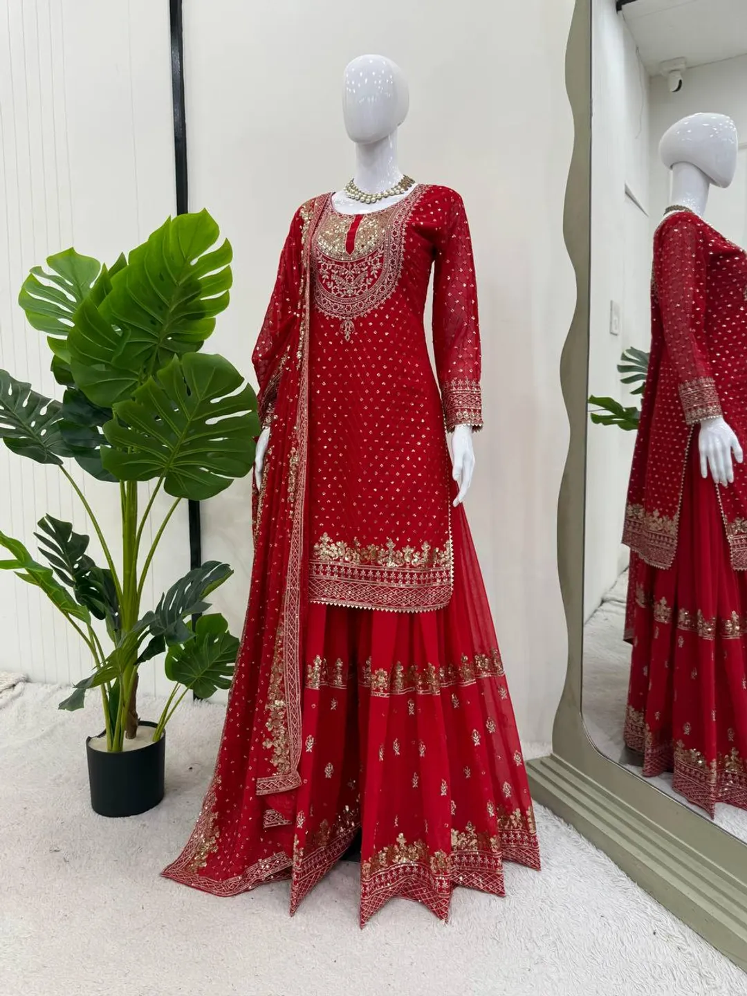 Red Embroidered Sharara Set Bridal Party Wear Indian Suit Heavy Gota ...