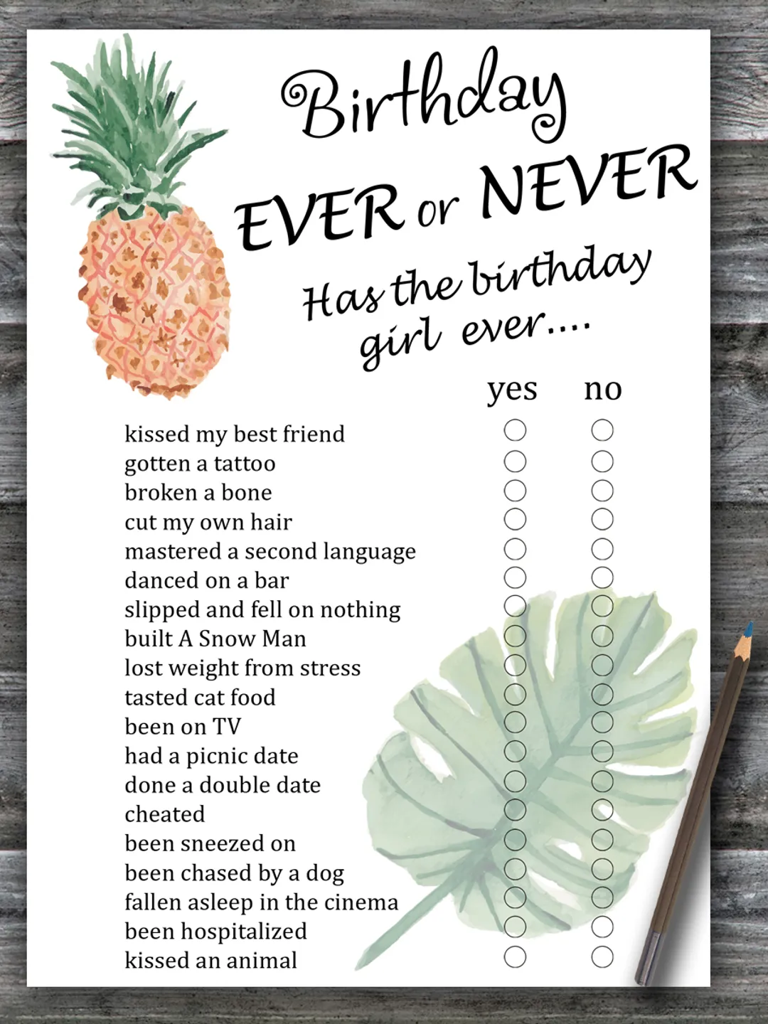 Pineapple Birthday ever or never game,Adult Birthday party game ...
