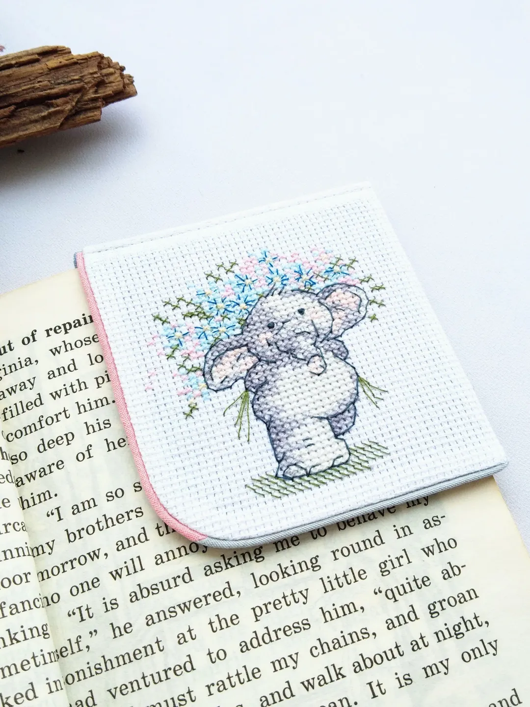 Embroidered handmade corner bookmark, elephant with flowers for her ...