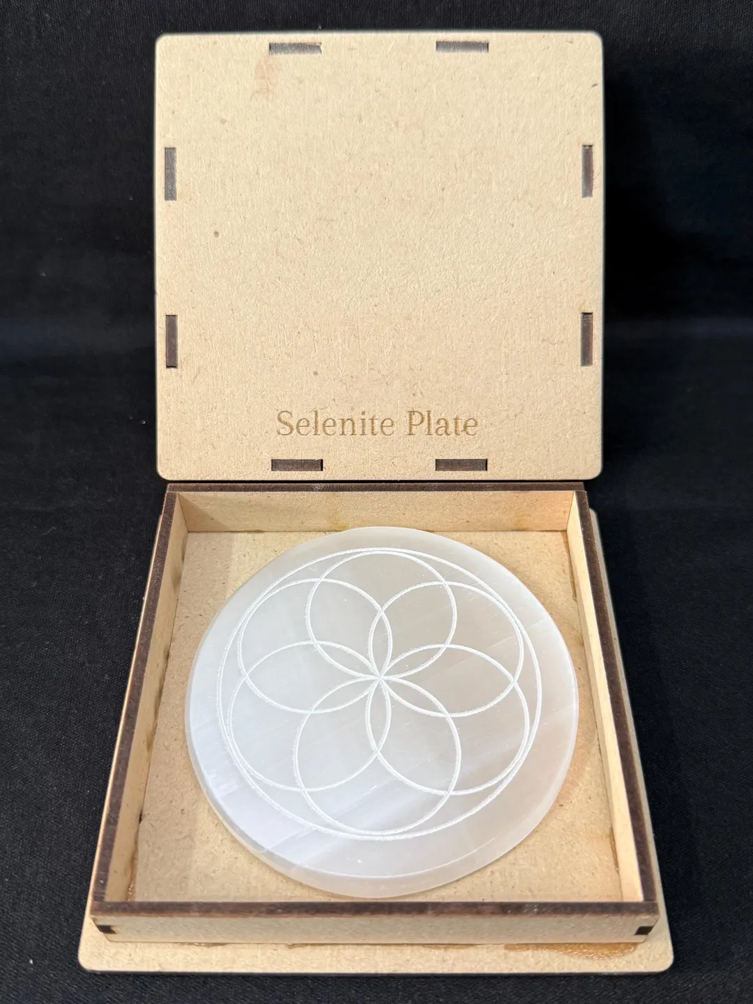 Seed of Life Selenite Plate | Sacred Geometry Altar Decor