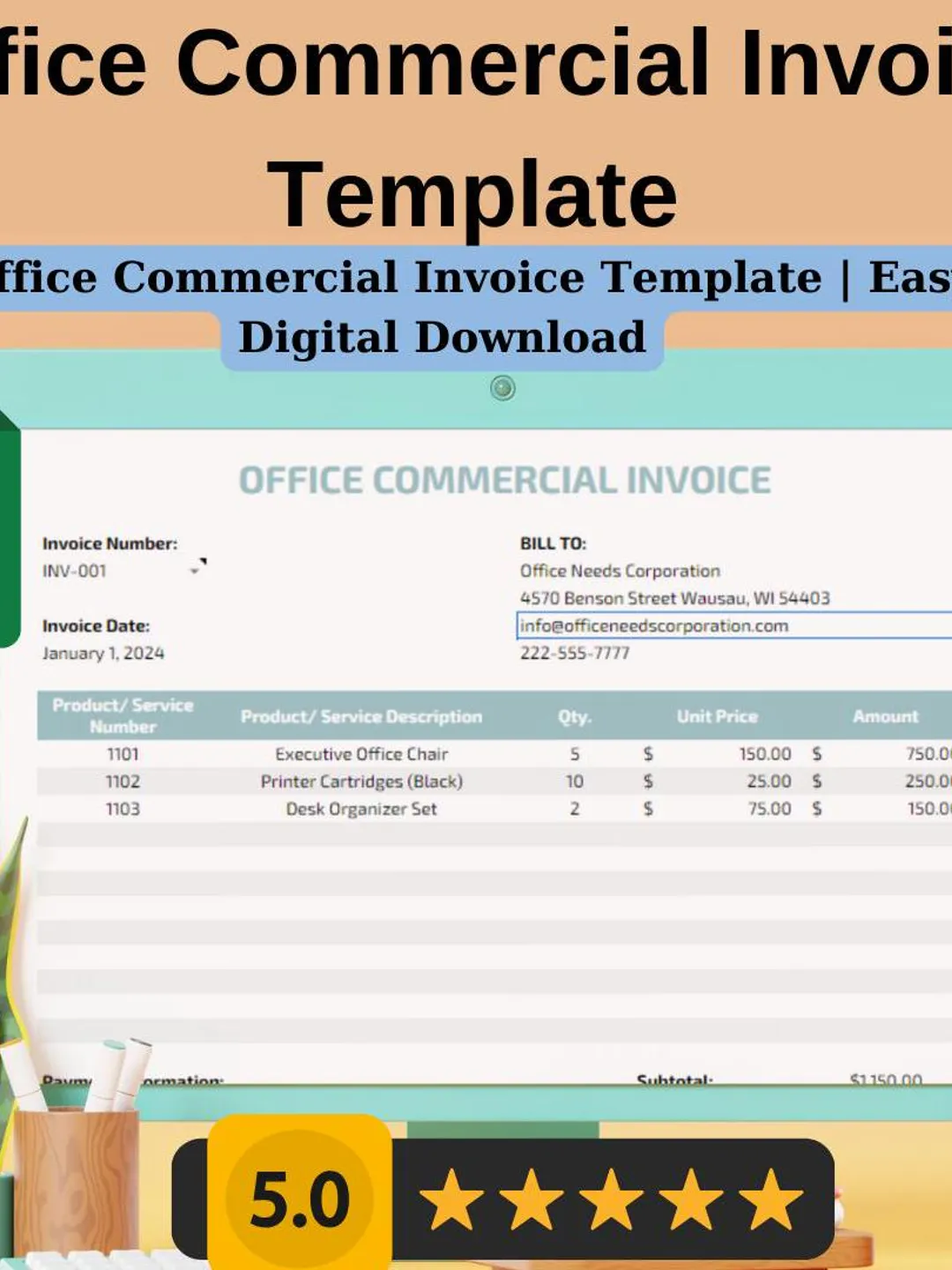 Editable Office Commercial Invoice Template | Easy to Use Digital ...